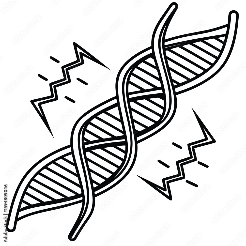 Vector art of a damaged dna helix with jagged lines indicating mutation ...
