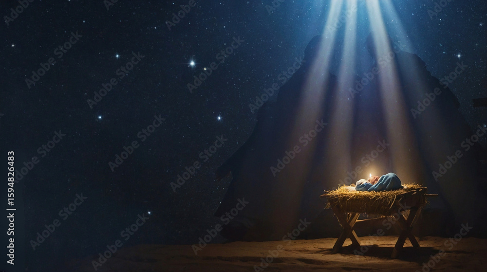 Christmas nativity scene of born child baby Jesus Christ in the manger ...
