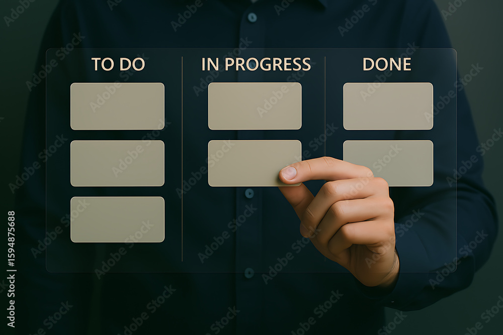 Agile workflow is displayed through a kanban board, with tasks ...