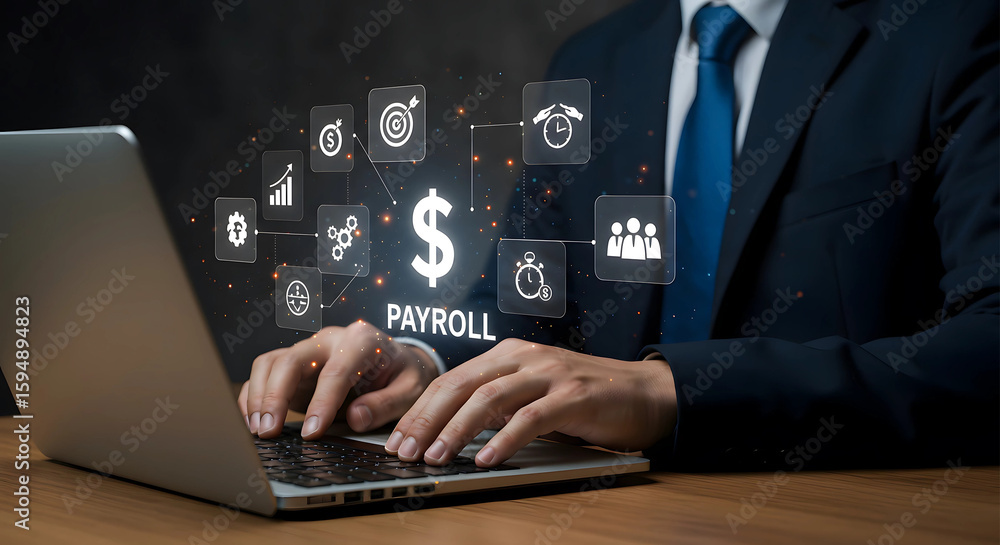 Efficient digital payroll management, businessman handling finances ...