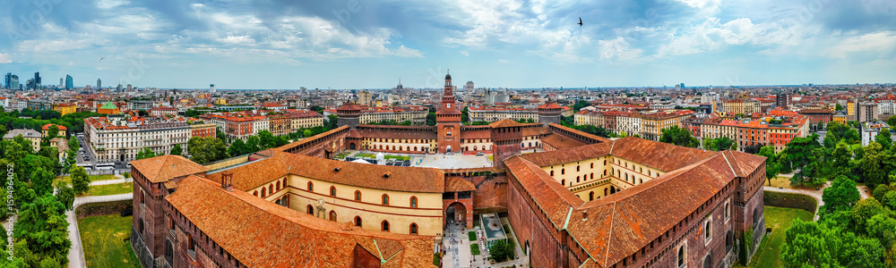 Historic Sforza Castle tower in Milan with medieval brickwork, large ...
