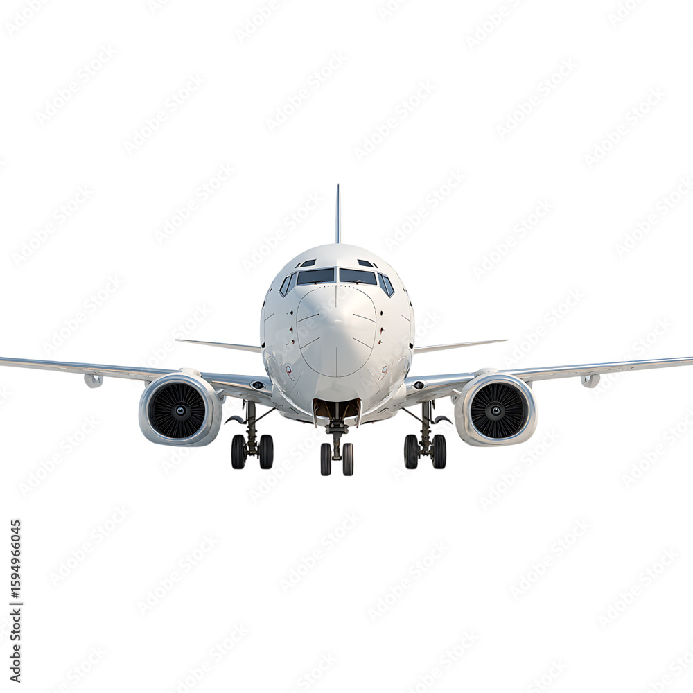 Front view of a modern white passenger jet airplane with engines and ...