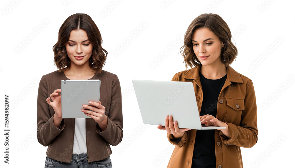 two young women with tablet and laptop on whtie Stock Photo | Adobe Stock