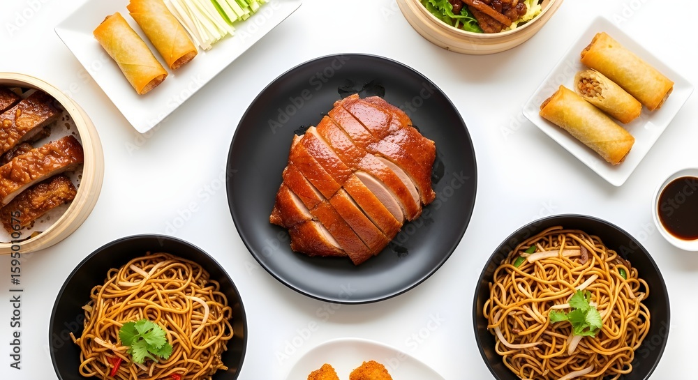 Top View of Sliced Roasted Duck, Noodles, Spring Rolls, and Dim Sum ...