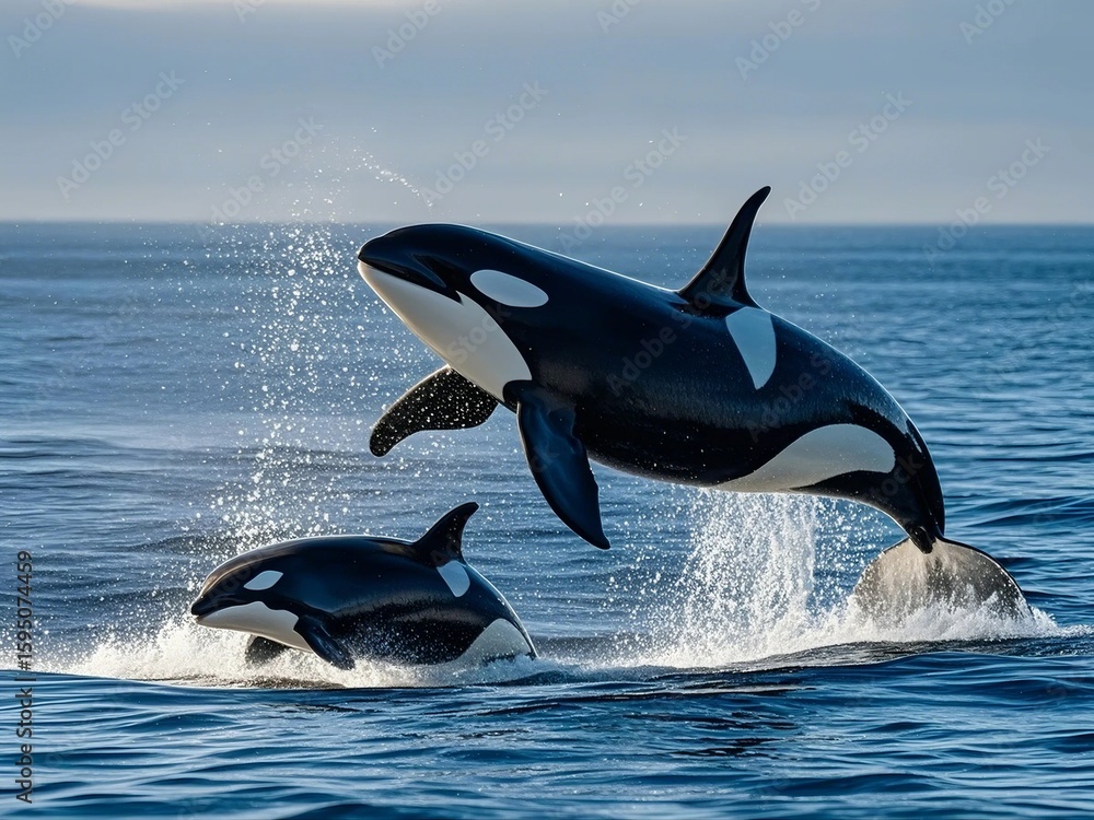 Orca whales and their calves are swimming together in the vast ocean ...