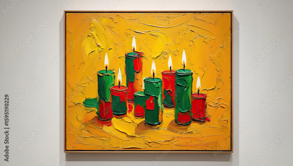 Impasto Kwanzaa Kinara Painting with Lit Candles on Textured Yellow ...