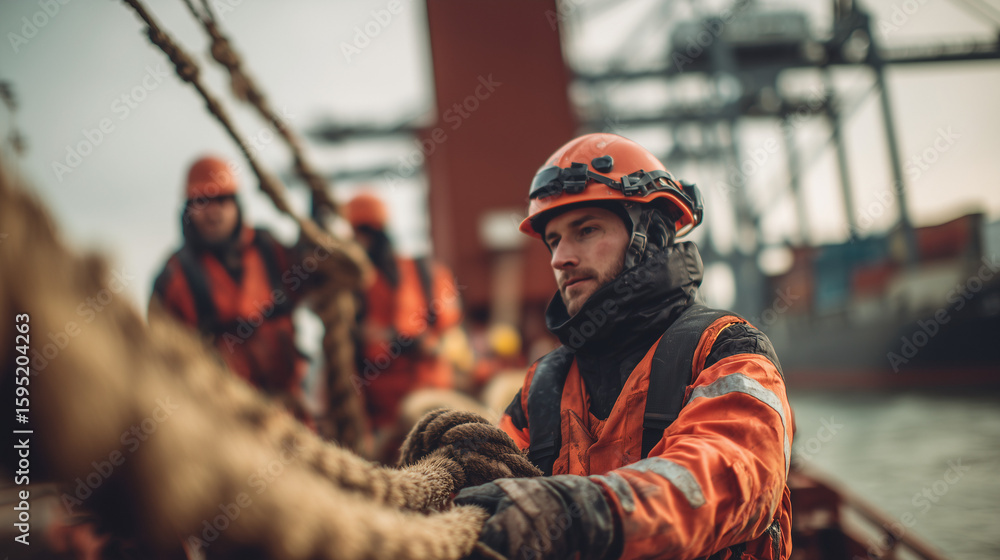 Port mooring crew securing ship with ropes during docking operation ...