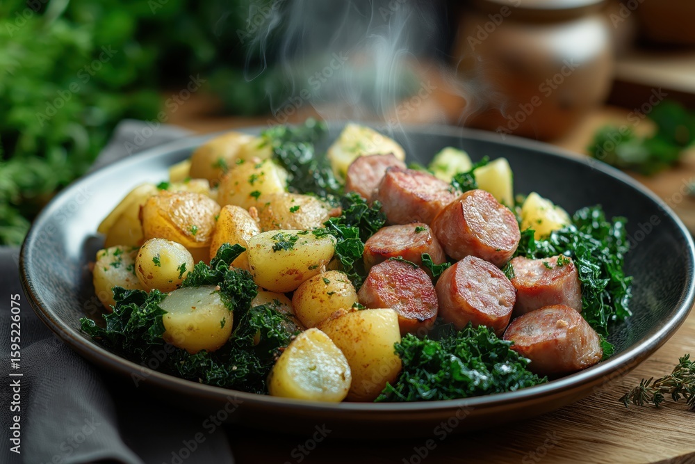 Steaming Grünkohl and Pinkel sausage with potatoes served on rustic ...