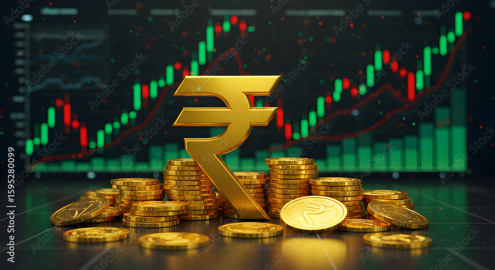 Indian Rupee (INR) symbol with gold coins and stock market graph Stock ...