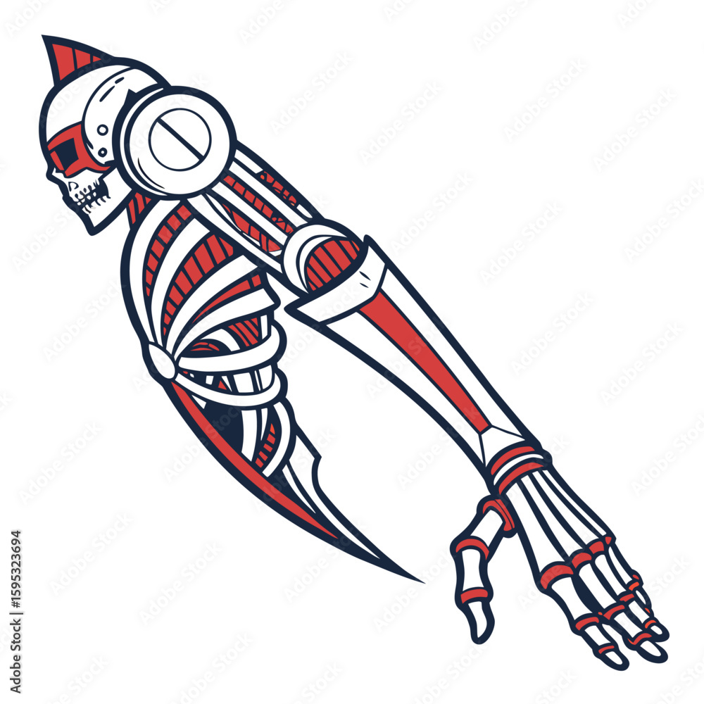 stylized robot arm bones running the length of the astronaut on a ...