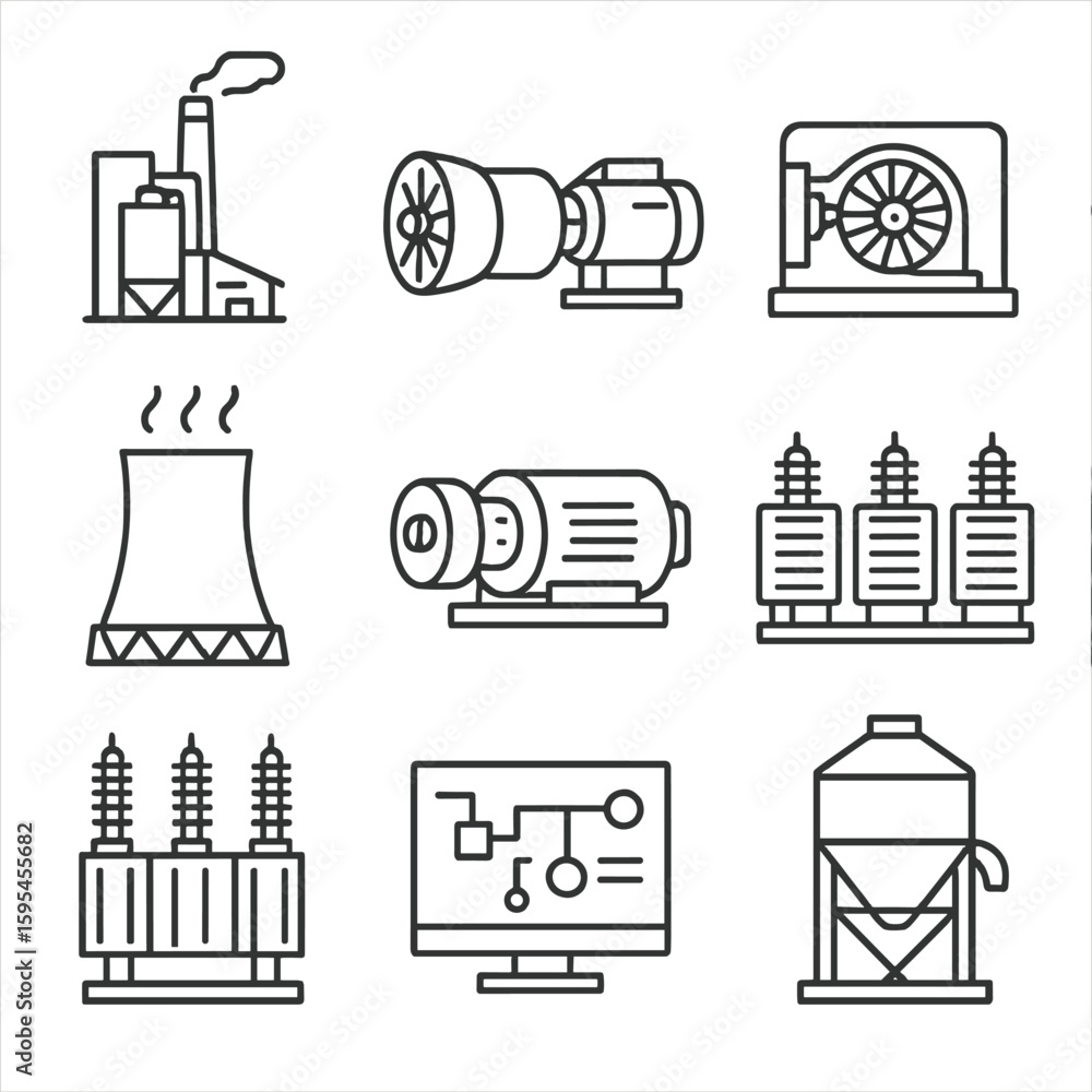 Vector de Stock Power Plant Icons. Line style icons of Power Generation ...