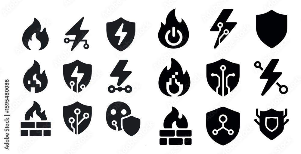 Collection of black and white icons that represent fire, electricity ...