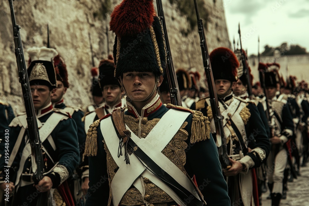 Napoleonic soldiers of Grande Armee march in formation during the ...