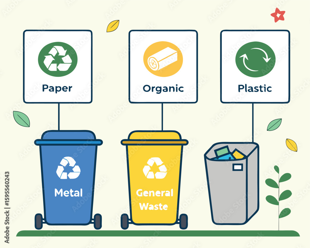 Recycling Bins Color Code Guide | Waste Management Sorting System Stock ...