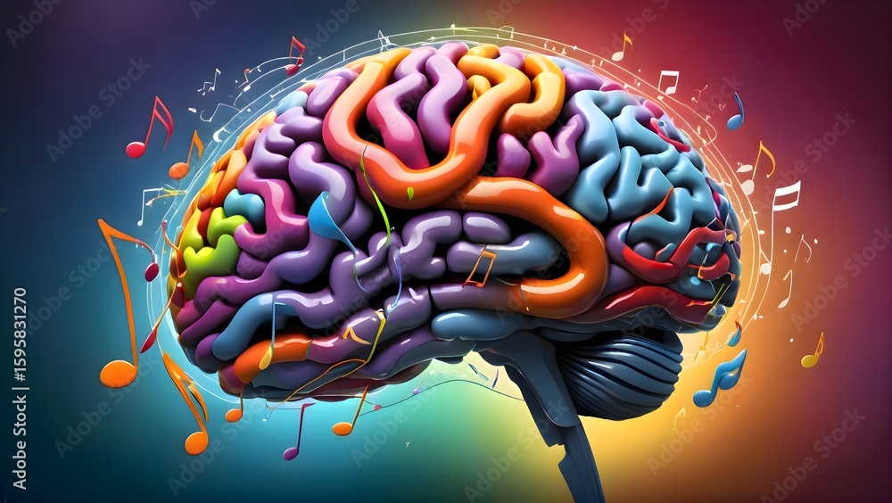 Conceptual image of a brain with floating musical notes emerging to ...