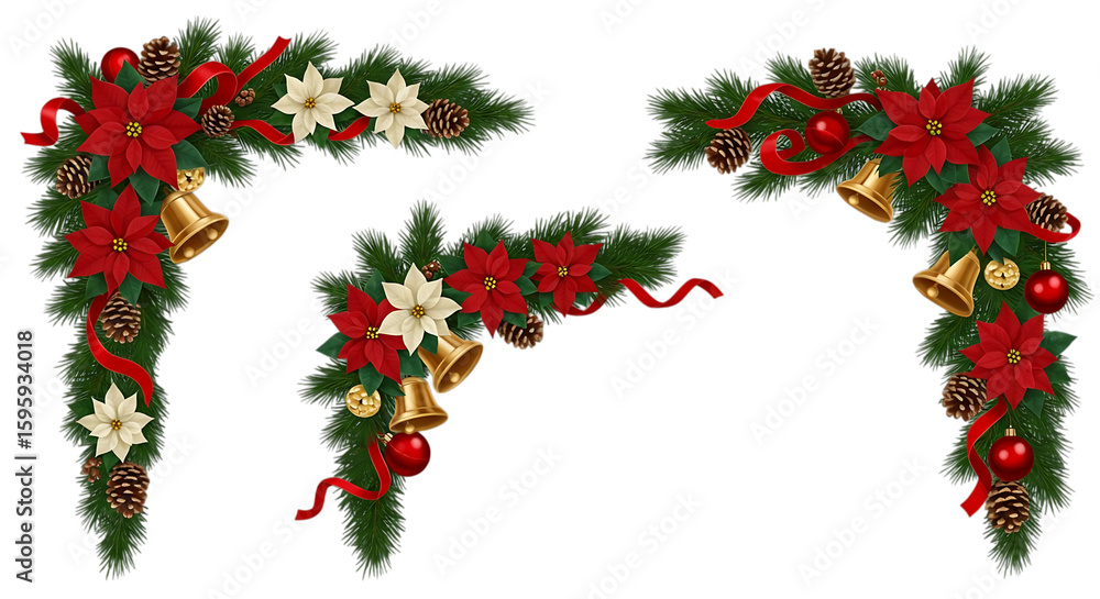 Festive christmas corner garlands with poinsettias bells and pinecones ...