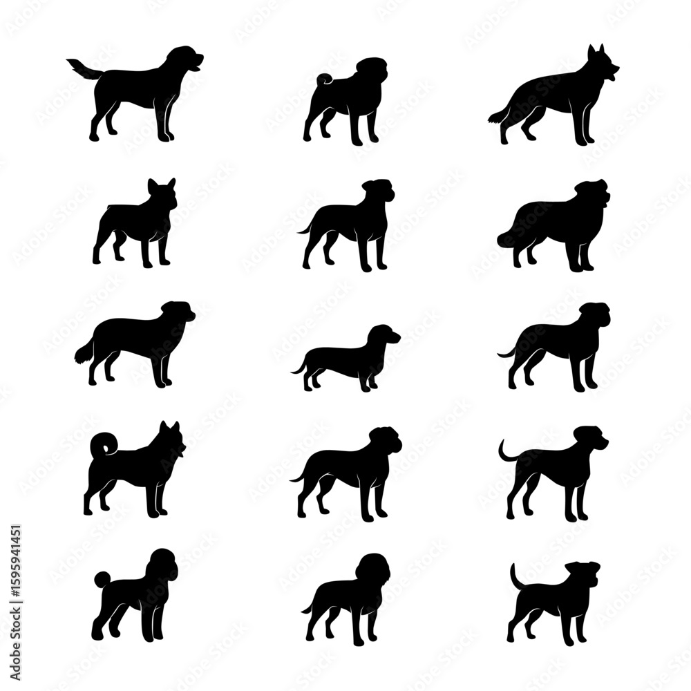 Silhouettes of various dog breeds displayed in a grid format ...