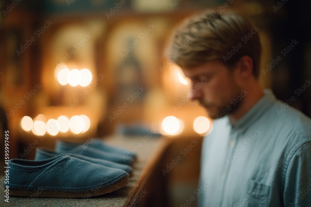 portrait of traveler tipping slippers to enter russian orthodox church ...