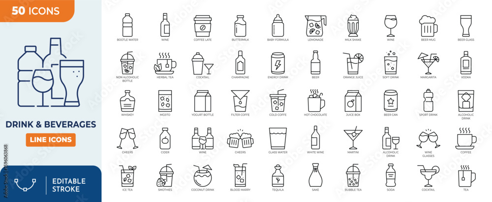Drink and beverages line editable icon set. Containing Coffee, Wine ...