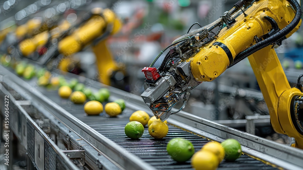 Robotic arms sorting fresh fruit by ripeness and defects using AI ...