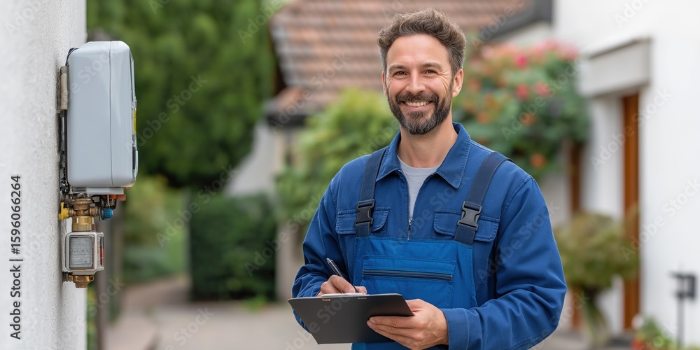 Residential Utility Meter Reader Smiling with Clipboard Stock Photo ...