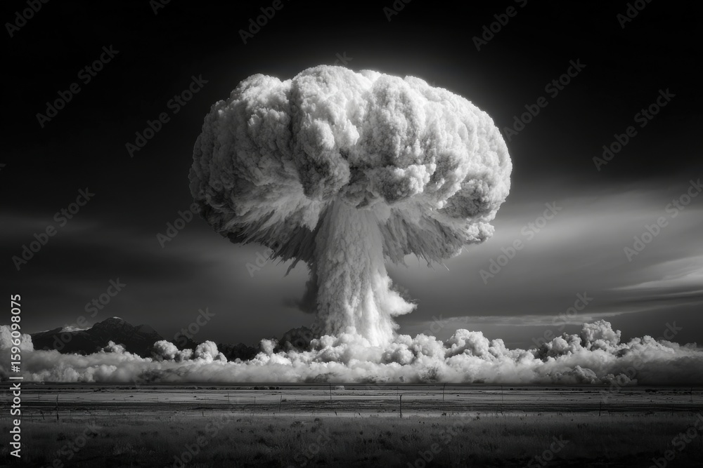 Black and white image of a massive mushroom cloud rising from an atomic ...
