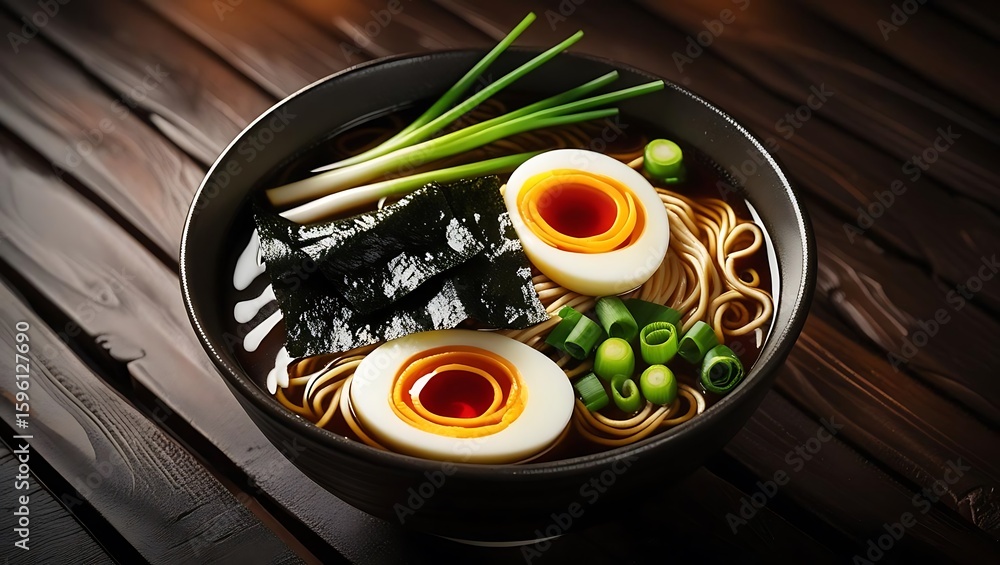 Authentic Ramen Bowl Delicious Noodles, Egg, and Fresh Toppings on Dark ...