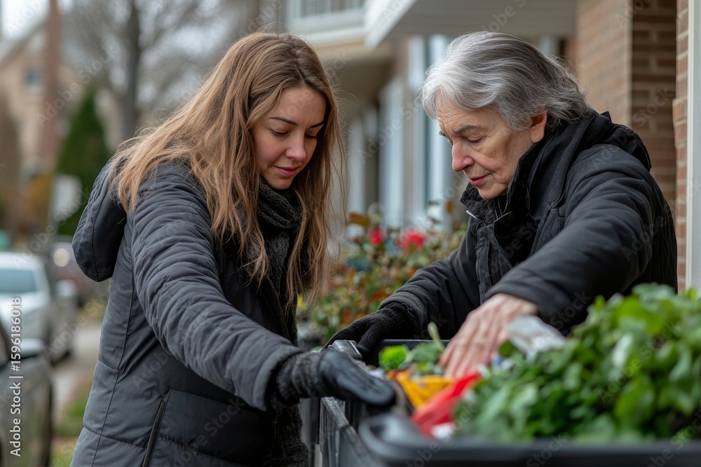 Woman helping an elderly neighbor throw away trash into a garbage can ...