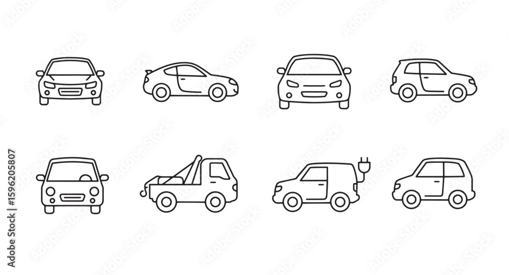 Collection of outlined car icons depicting different vehicle types and ...