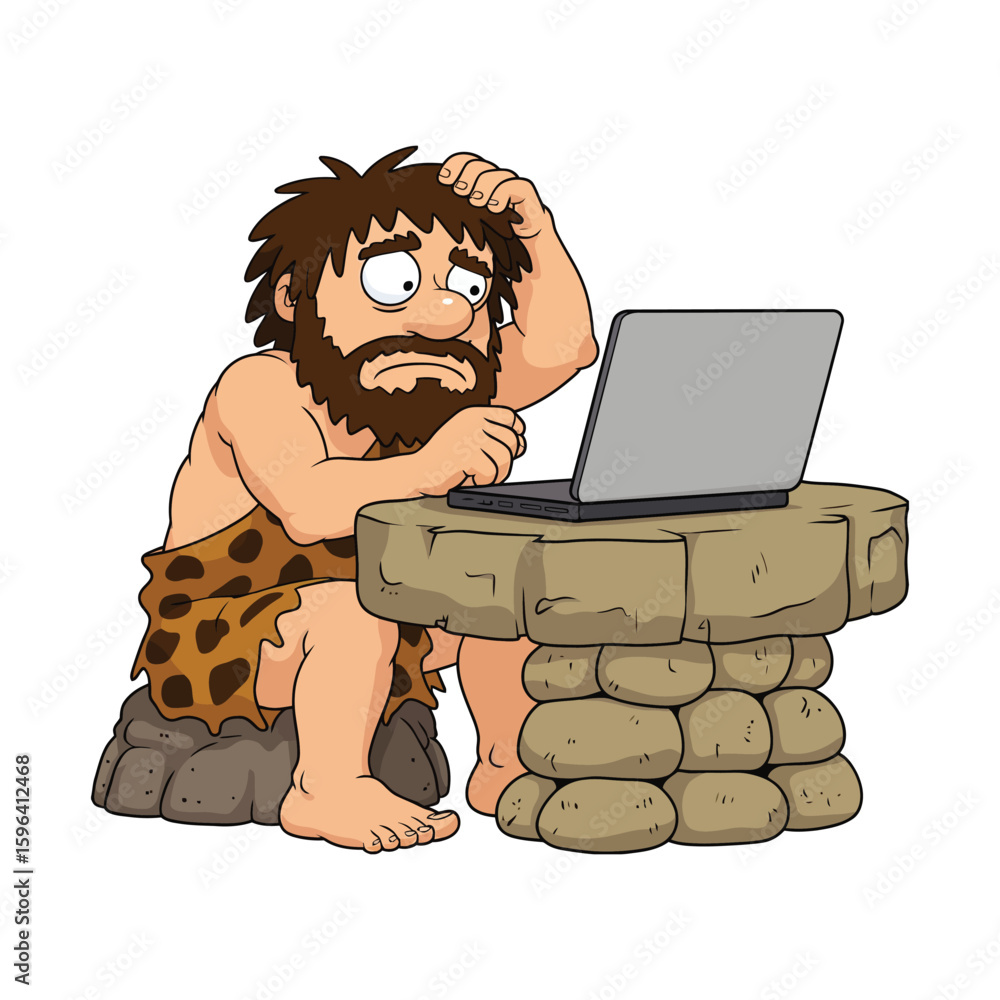 Caveman confused by laptop prehistoric technology Stock Vector | Adobe ...