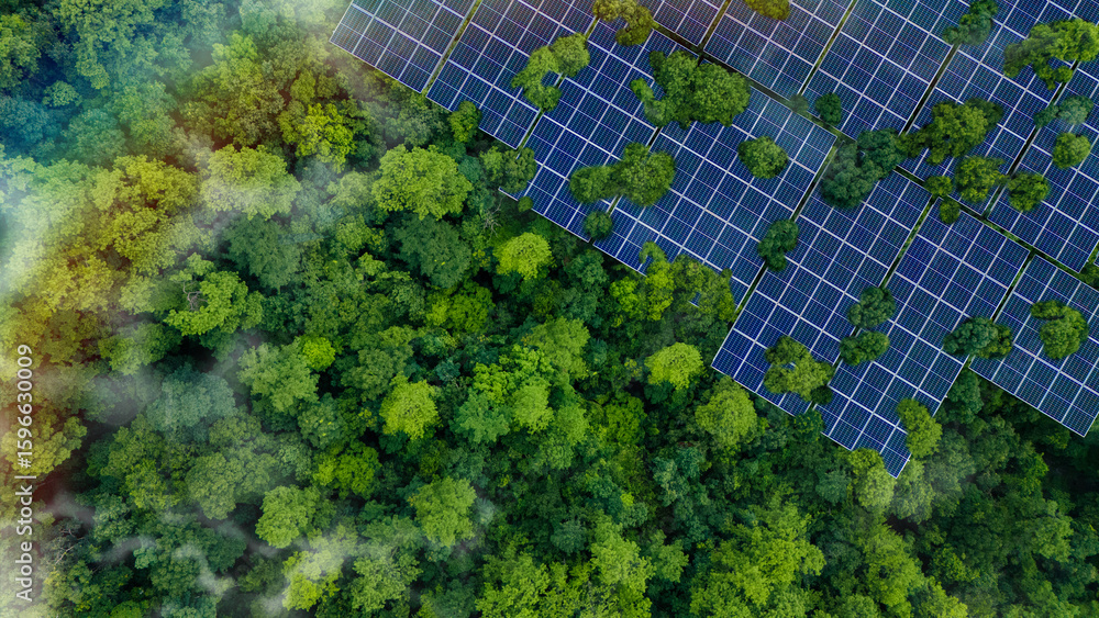 Solar panels installed in the green forest, clean alternative energy ...
