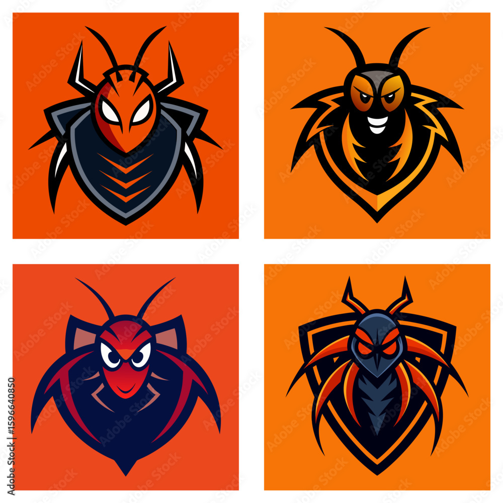 Four insect mascot logos displayed on an orange background in a square ...