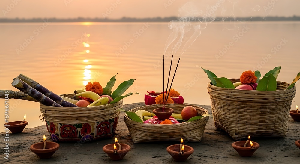 Chhath puja Fruits in soop (Bambbo basket). Happy Chath puja. Stock ...