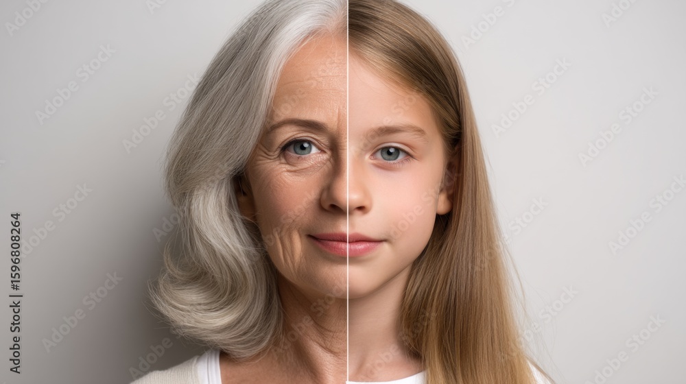 Aging woman's portrait merging youthful female profile, depicting ...