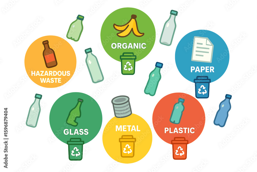 Vector illustration of waste segregation concept, featuring colored ...