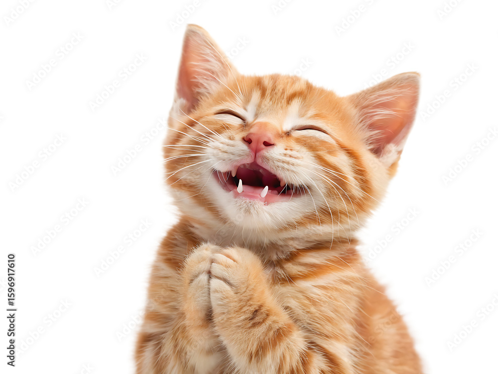 A ginger kitten with paws clasped together and a wide smile showing its ...