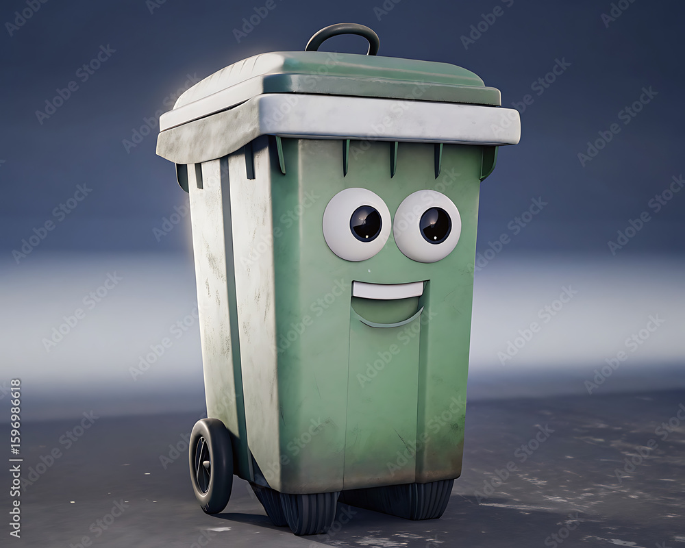 Smiling green trash can with expressive animated face and wheels Stock ...