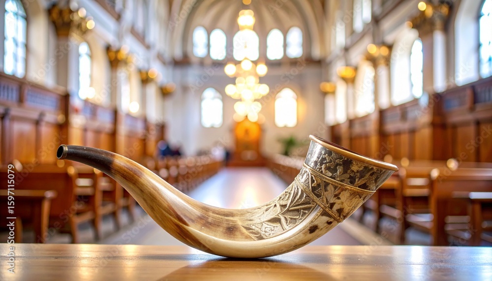 Rosh Hashanah. Shofar horn rests on a table in a synagogue, with pews ...