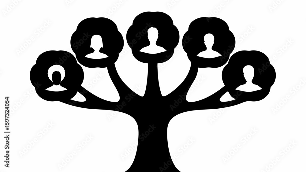Stylized family tree illustration with five person icons in a black and ...