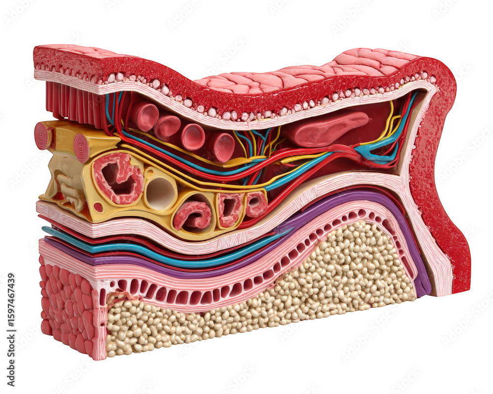 Cross section of human skin showing detailed dermis, blood vessel ...