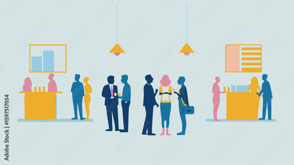 people networking at a business event with bar tables and hanging ...