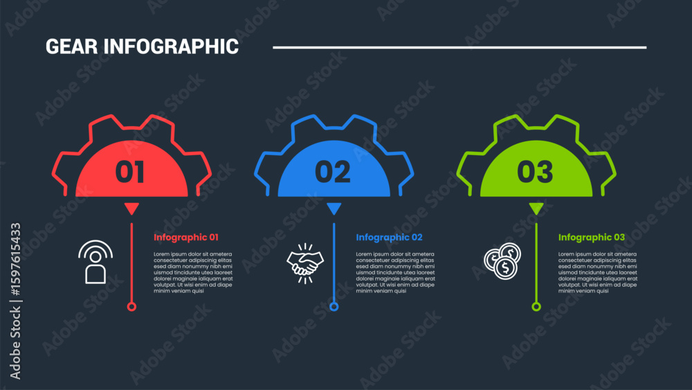 Gear shape infographic process diagram with half gear with half circle ...