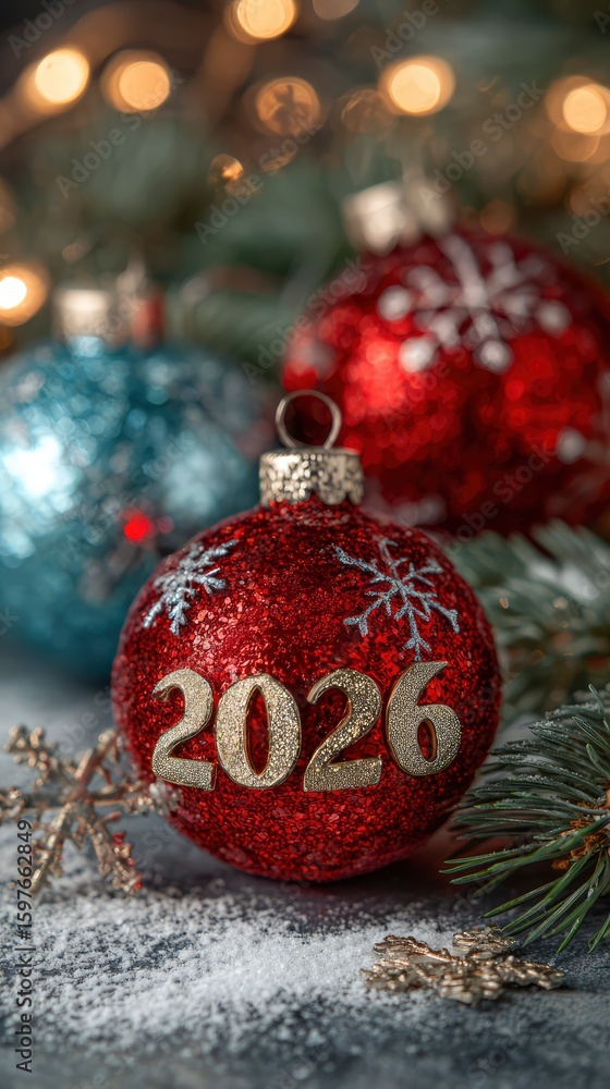 Ultra-detailed Christmas composition for 2026 greeting card, bright red ...
