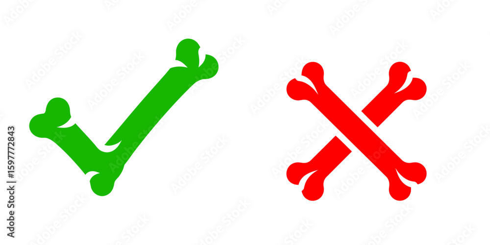 Green check and red cross made of cartoon bone for yes no vote option ...
