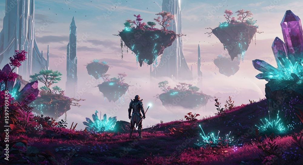 Fantasy Landscape Mage Walking Towards Floating Islands, Magical ...