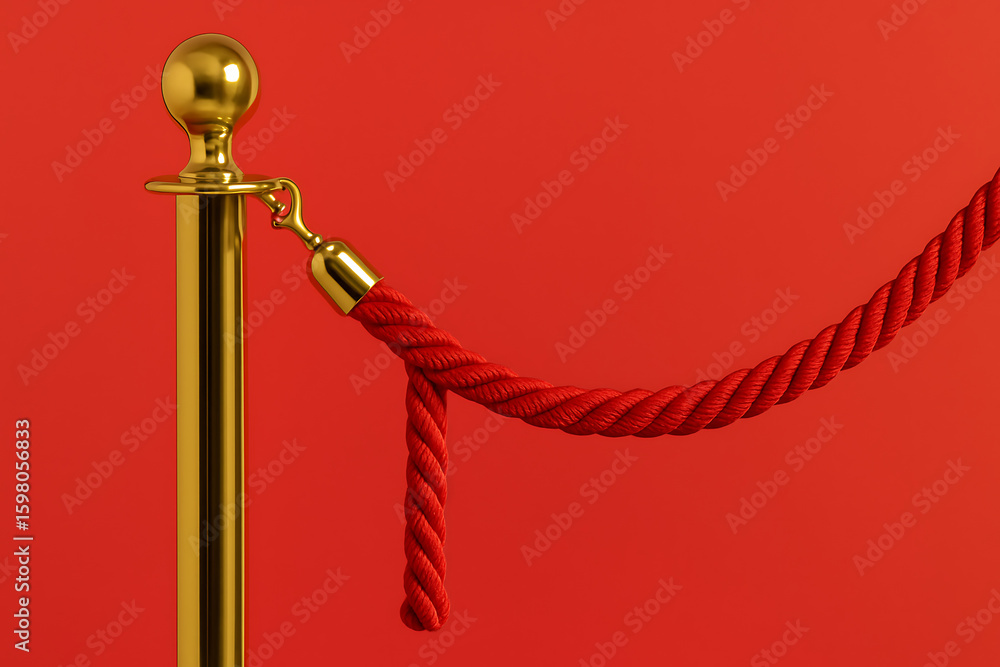 Luxury red velvet rope barrier with shiny gold stanchion pole on ...