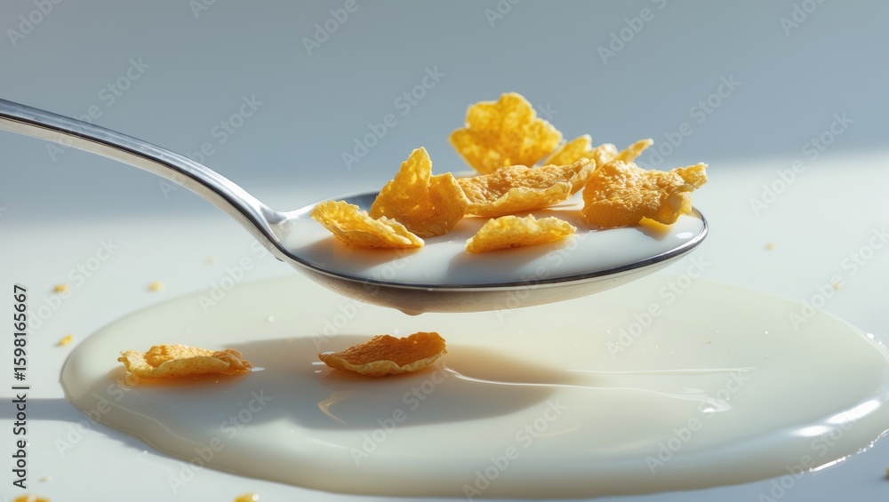Spoonful of cereal floating on milk with some cereal pieces soaking in ...