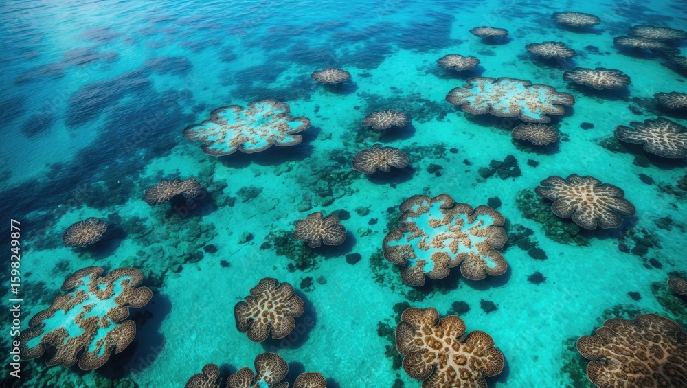 Stock-Foto „Aerial view of coral atolls in the ocean with vibrant blue ...