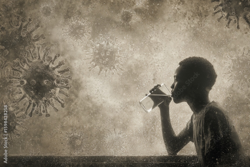 Silhouetted human with arv molecular shadows in water. Aquatic health ...