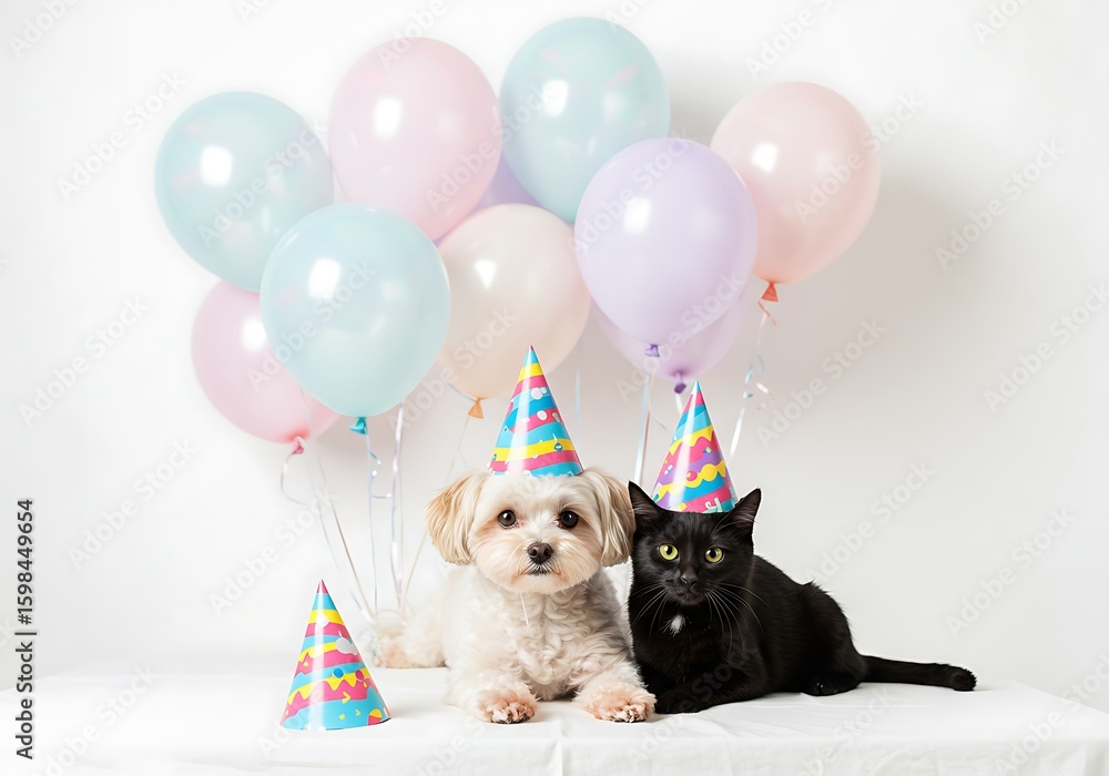 Birthday pets with hats and balloons Stock Photo | Adobe Stock